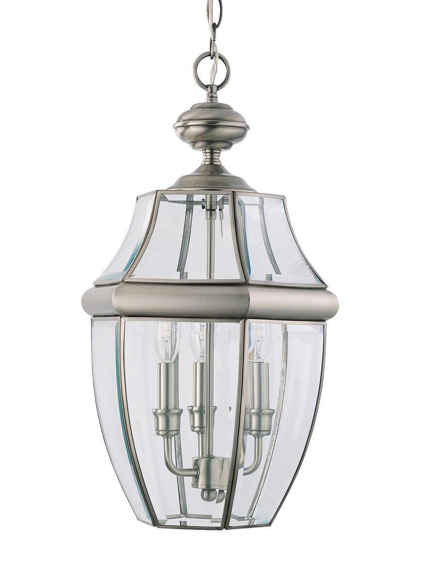 Antique Brushed Nickel Three Light Outdoor Pendant from the Lancaster Collection - LightsOnline.com
