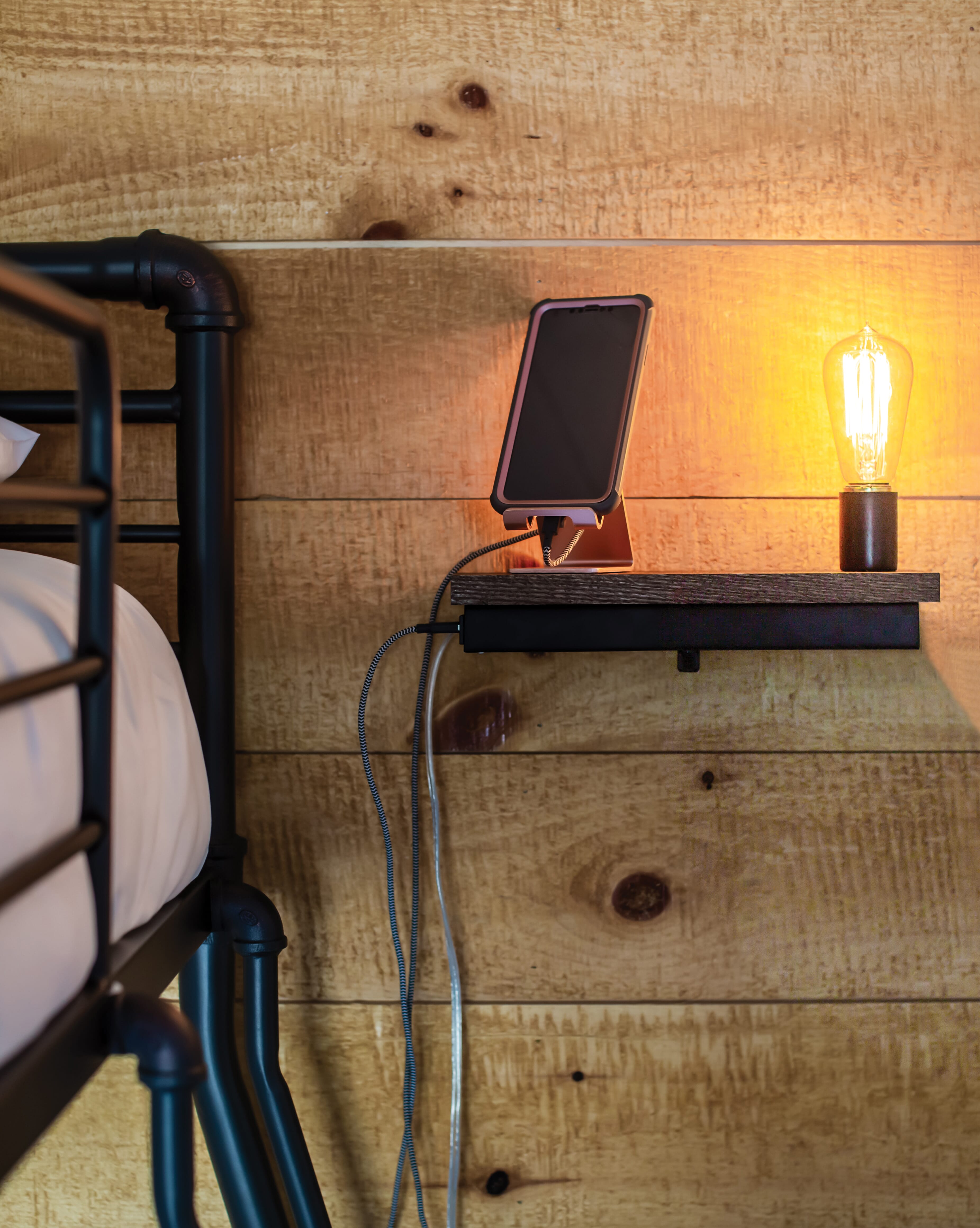 Bunk Wall Lamp in Black with Stained Oak - LightsOnline.com